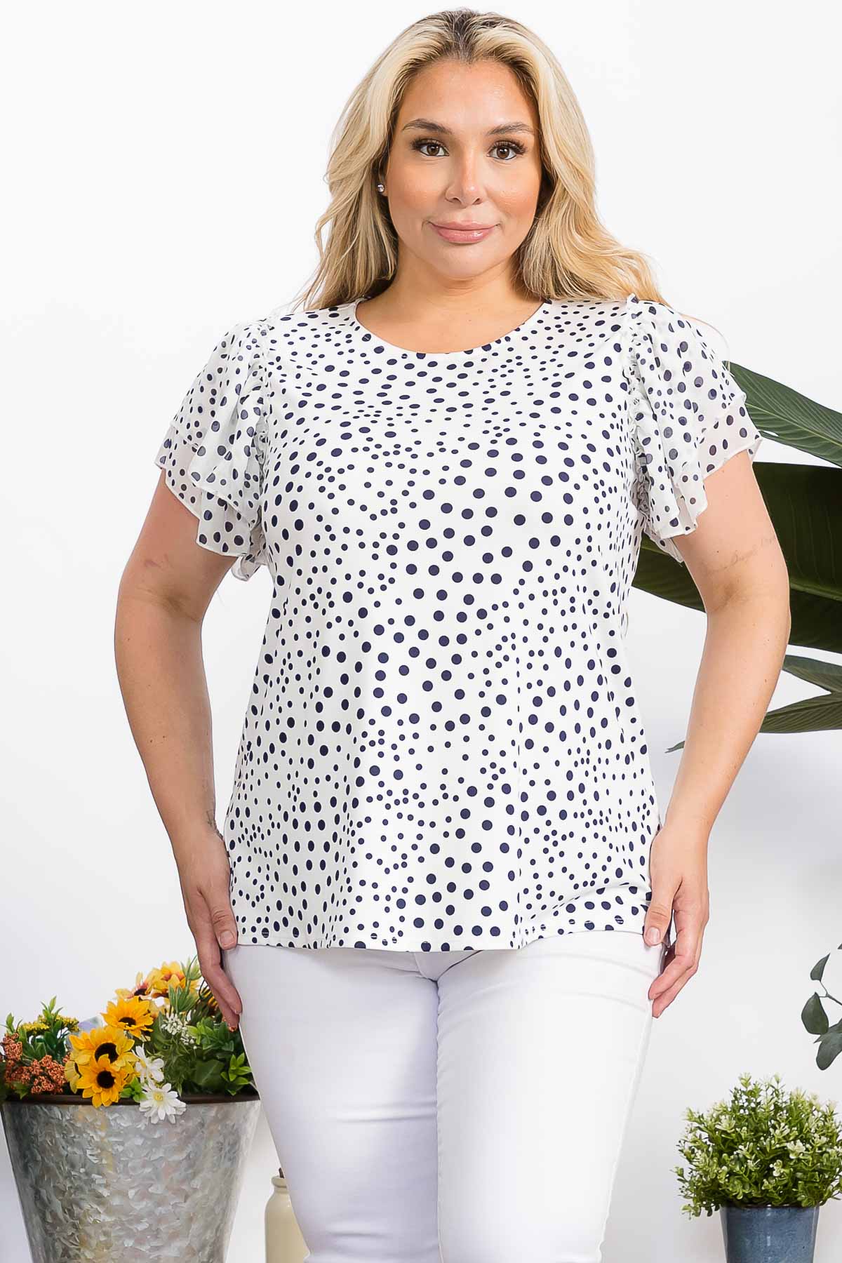 PLUS POLKA DOT MIX MEDIA DOUBLE RUFFLE FASHION TEE – PERSEPTION
