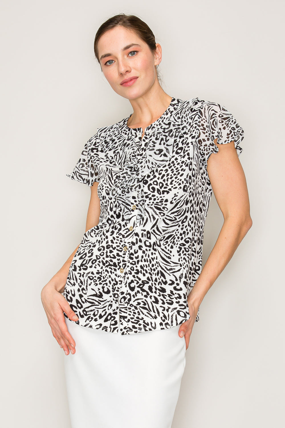 ANIMAL PRINT MIX MEDIA RUFFLE FRONT BUTTON DOWN MIX MEDIA SHIRT ...